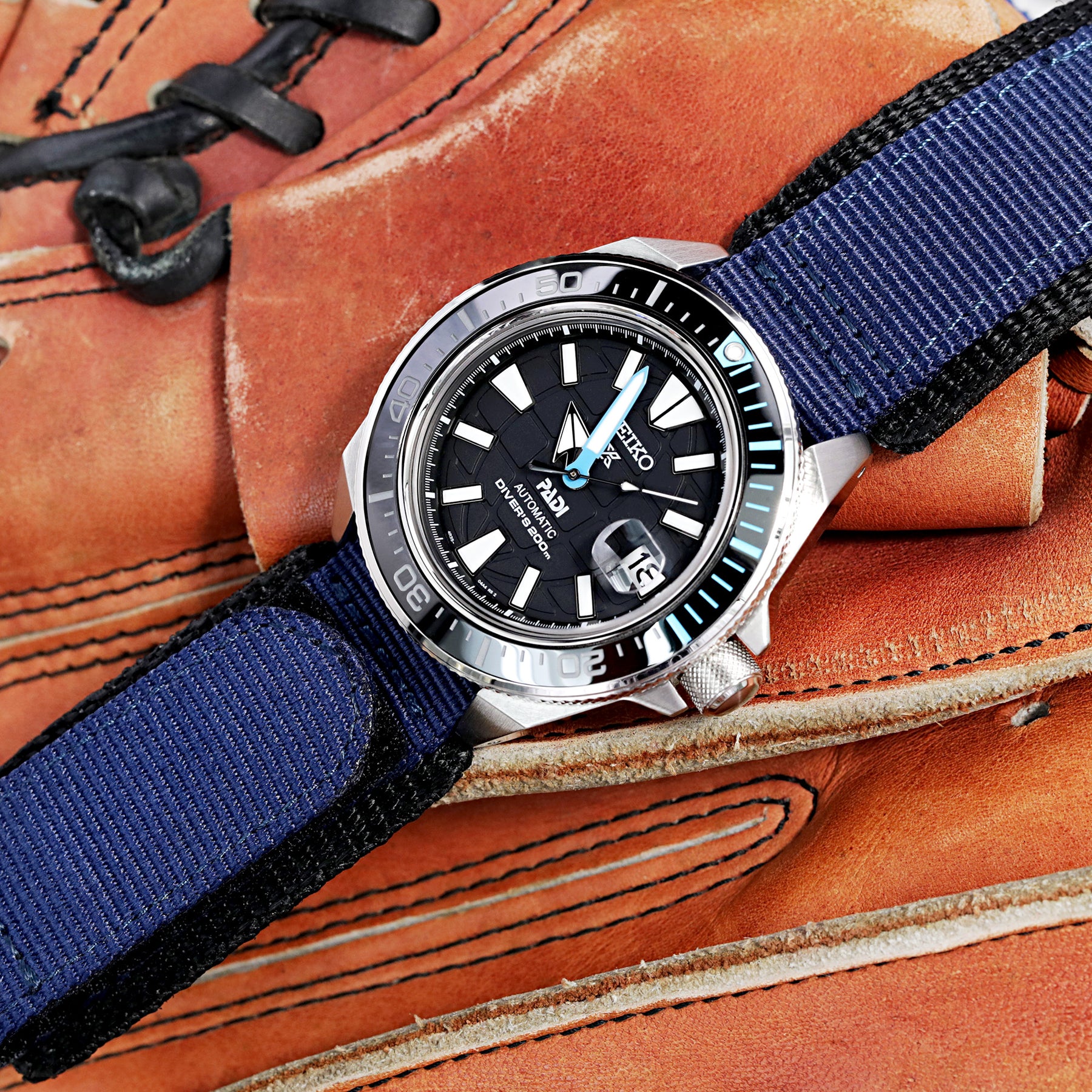 22mm MiLTAT Navy Blue Nylon Velcro Fastener Watch Strap, Brushed Stain ...