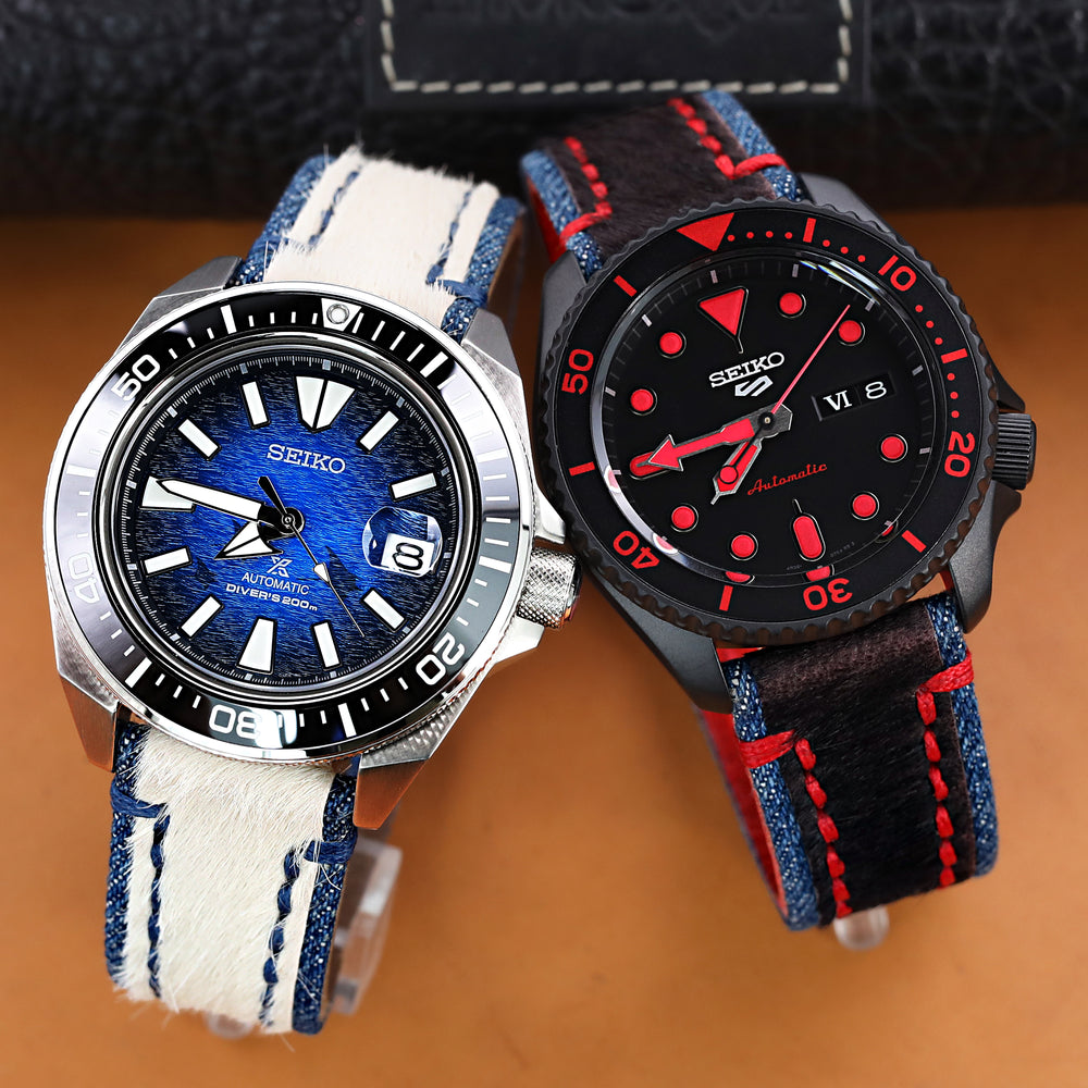 22mm MiLTAT Zizz Collection Beige Fur & Denim Watch Strap Blue Wax Han ...