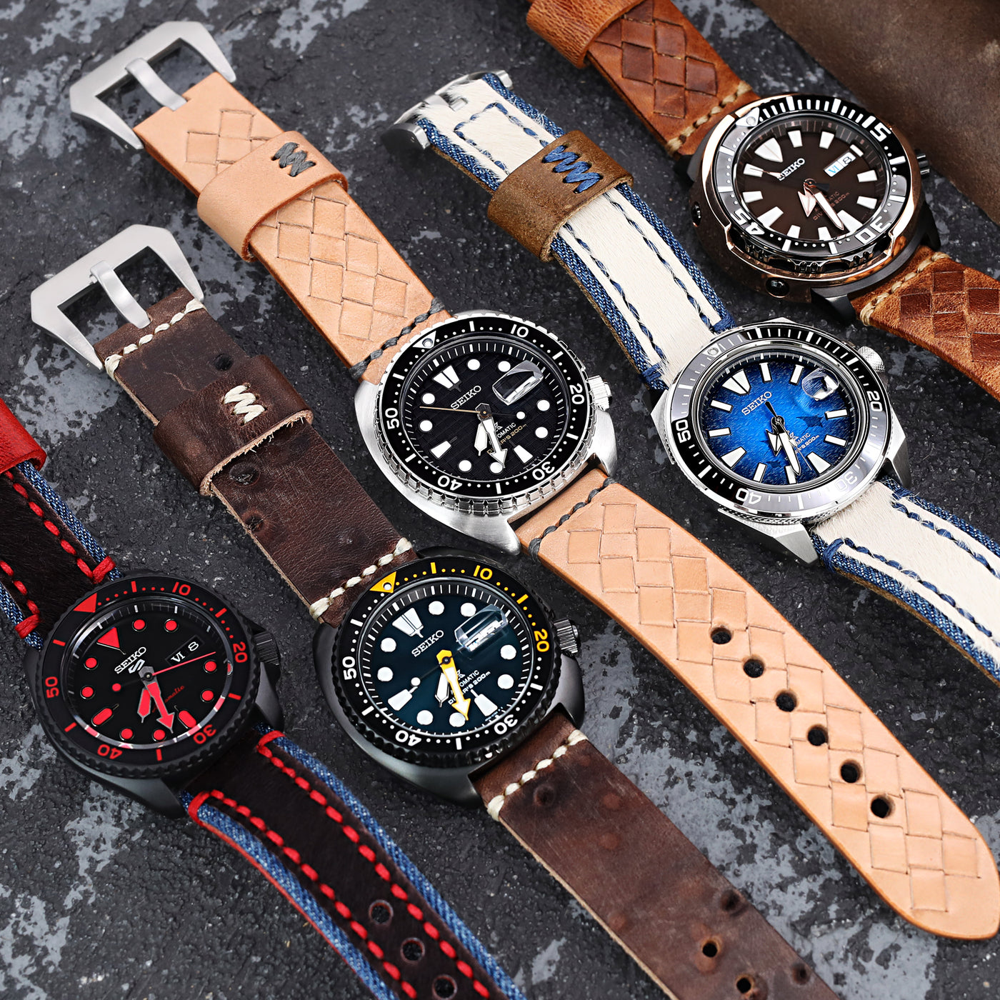 22mm MiLTAT Zizz Collection Brown Fur & Denim Watch Strap Red Wax Hand ...